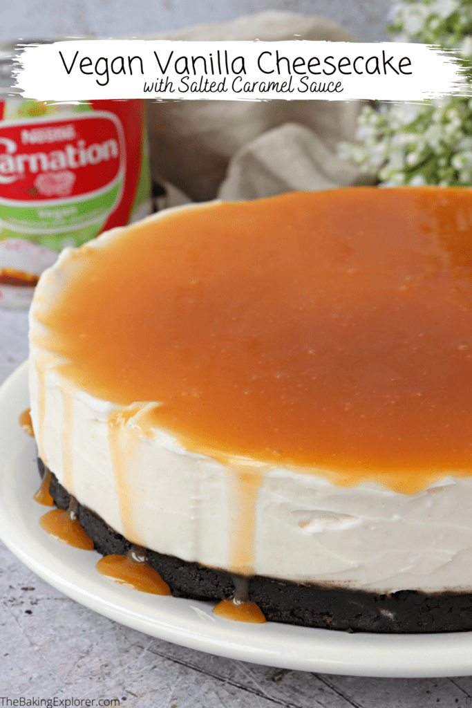 Vegan Vanilla Cheesecake with Salted Caramel Sauce - The Baking Explorer